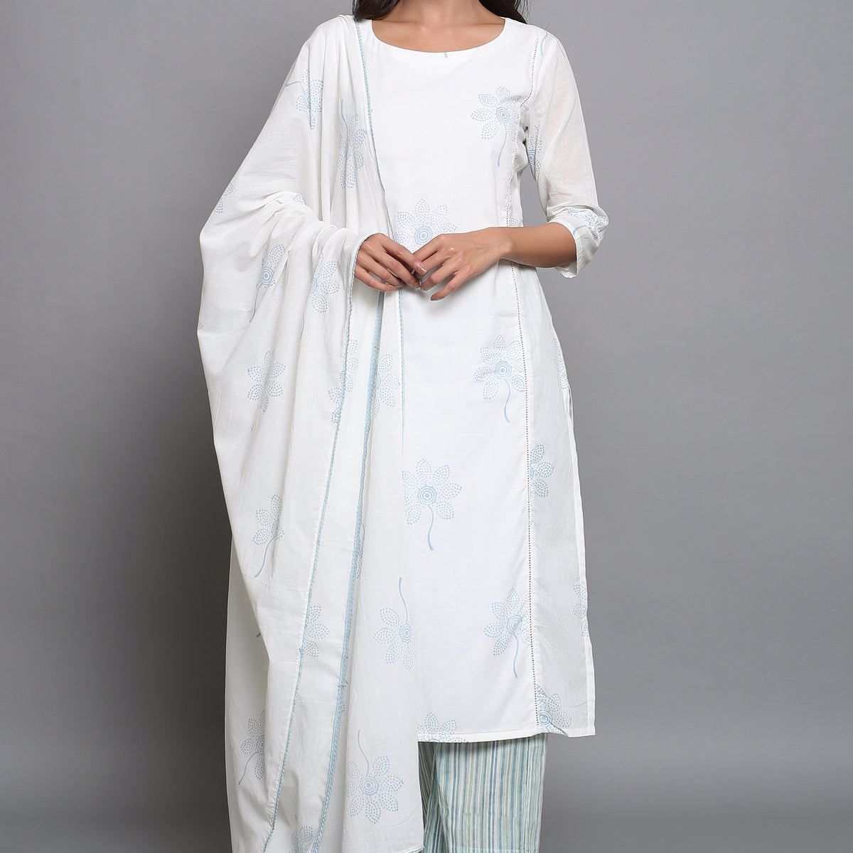 White Block Printed Suit Set with Dupatta – ILMA
